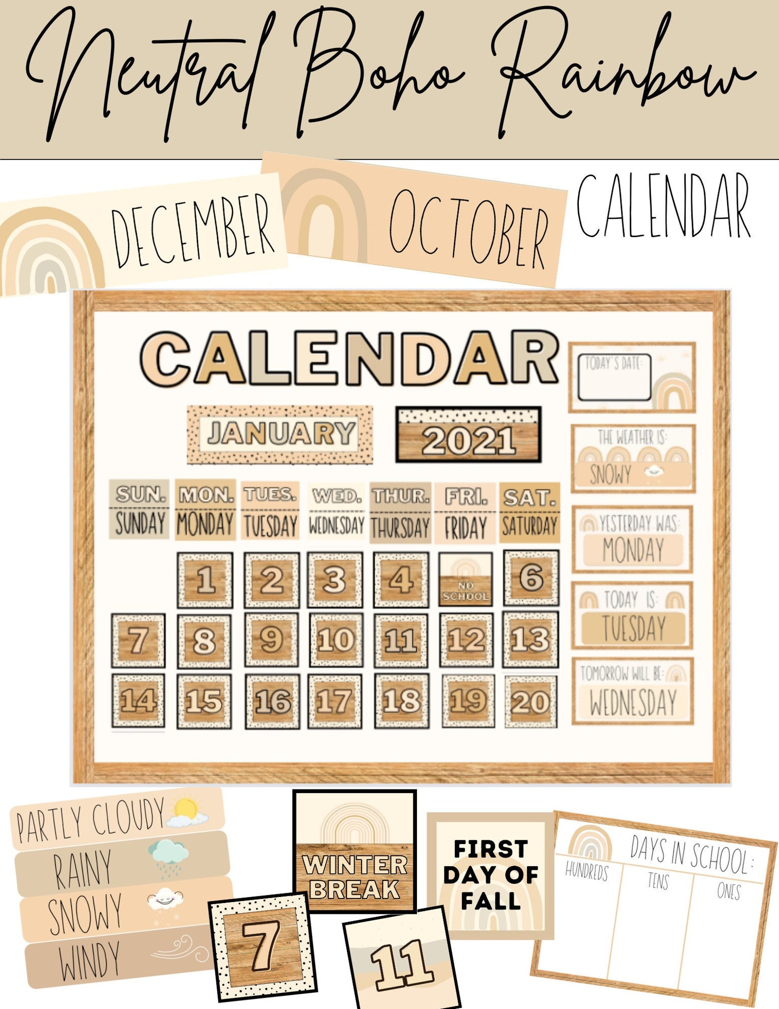Neutral Boho Rainbow Classroom Calendar editable | Etsy