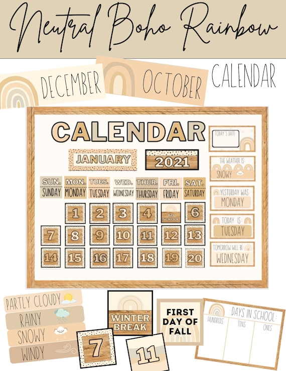 Neutral Boho Rainbow Classroom Calendar editable | Etsy