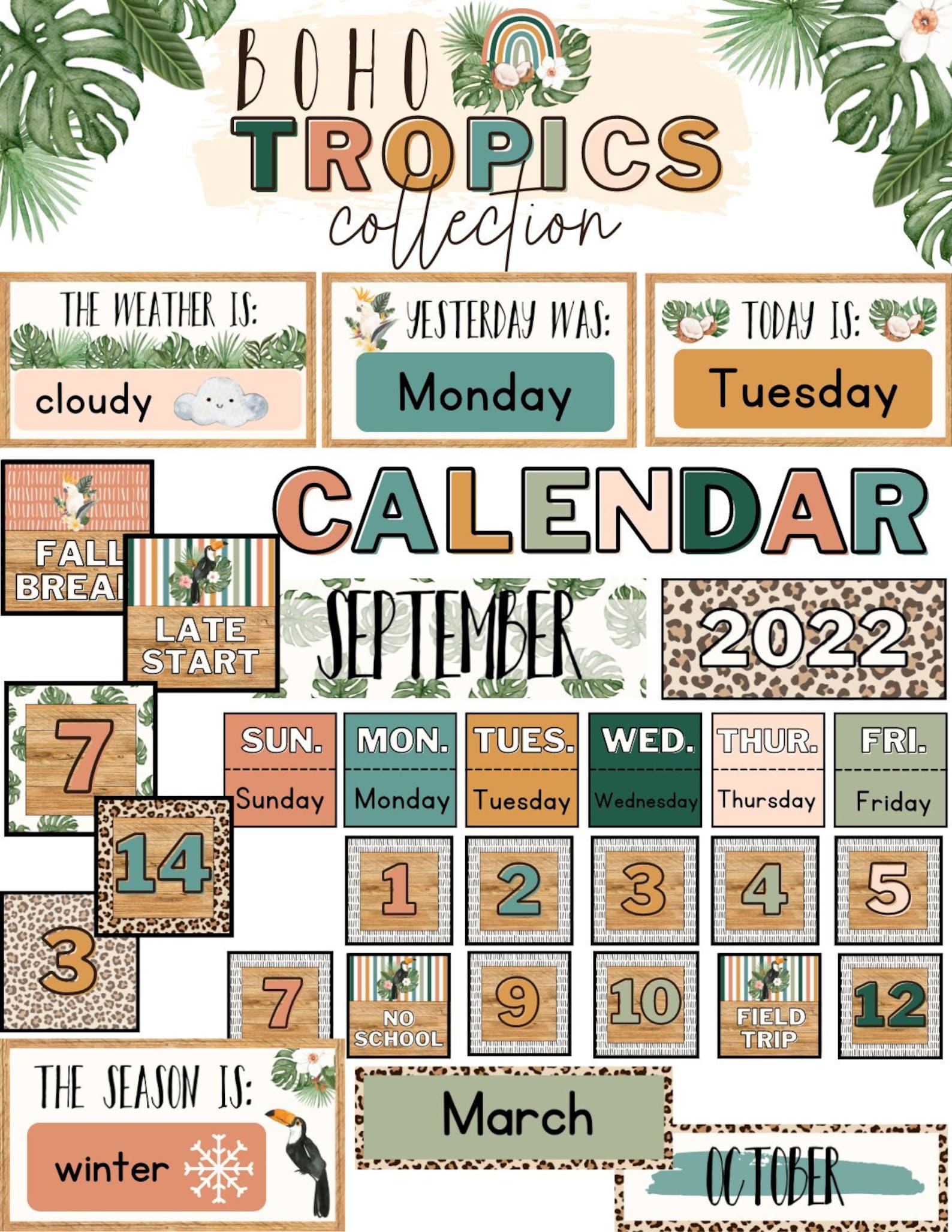 Boho TROPICS Classroom Calendar editable Features - Etsy