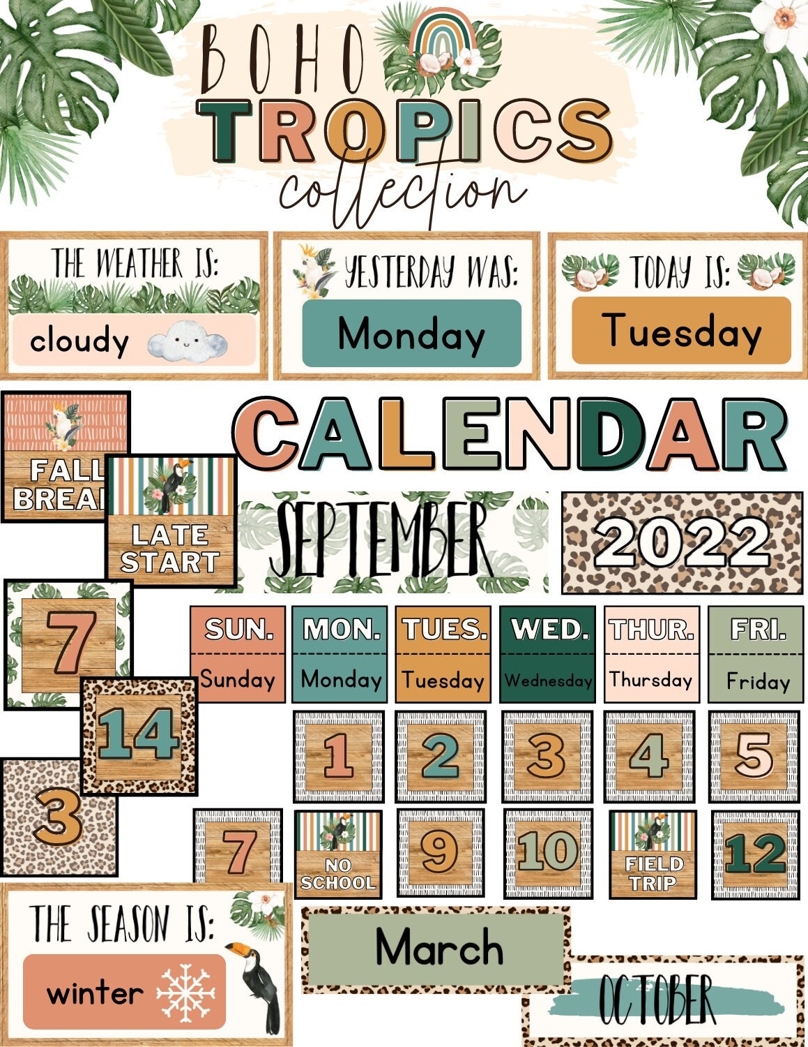 Boho TROPICS Classroom Calendar - Etsy