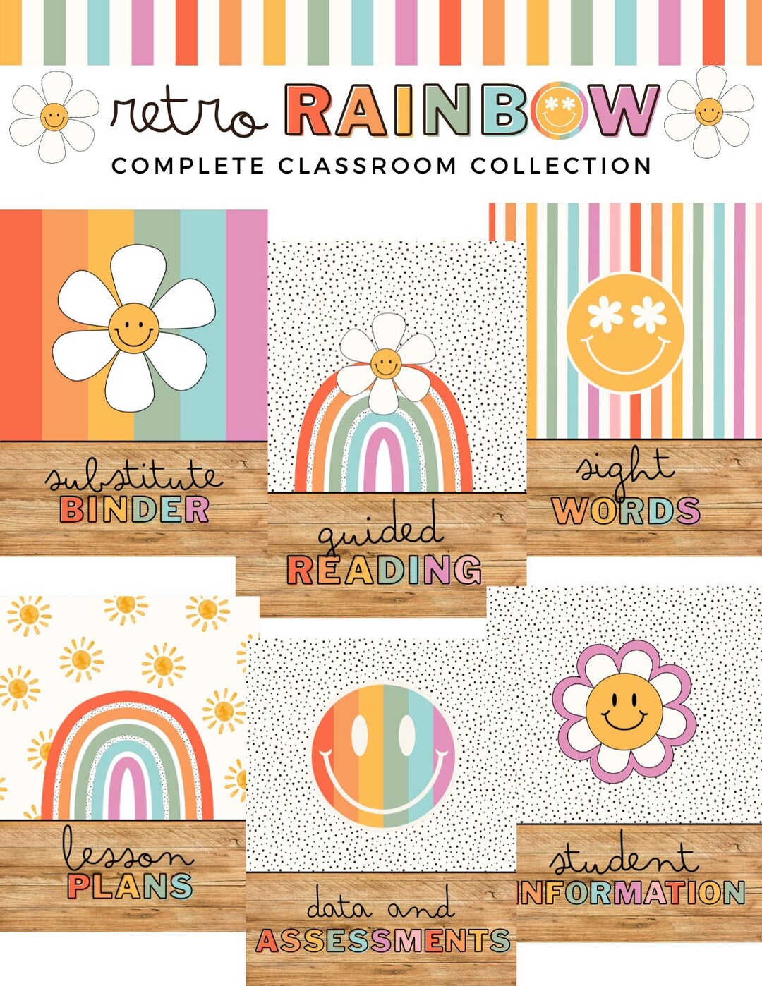 Retro Rainbow Binder Covers [editable] - Etsy