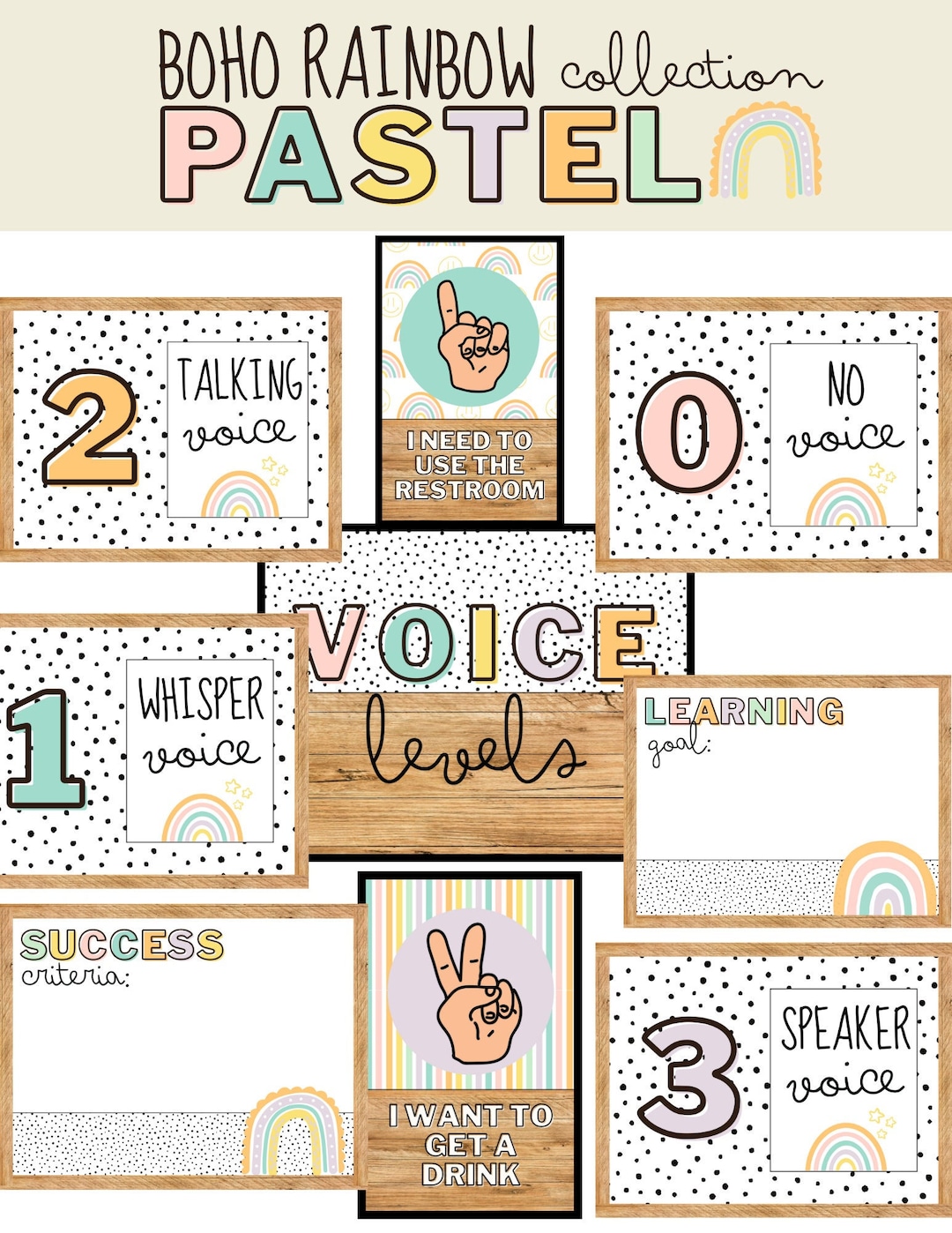 Pastel Boho Rainbow Voice Level + Hand Signal Classroom Posters - Etsy