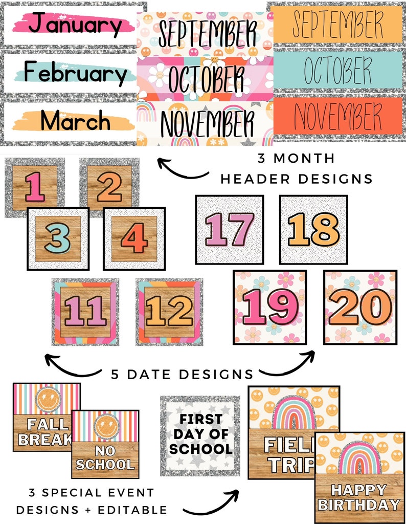 Groovy Glitter Classroom Calendar editable Features - Etsy