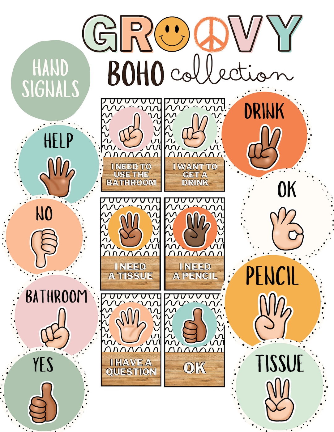 Groovy Boho Hand Signals Classroom Posters [editable] - Etsy