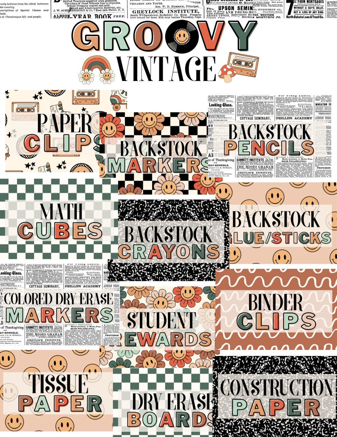 Groovy Vintage Classroom Supply Labels - Etsy