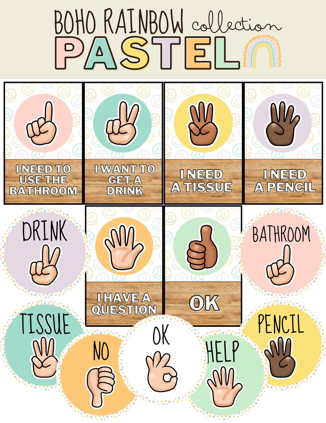 Pastel Boho Rainbow Hand Signals Classroom Posters [editable] - Etsy