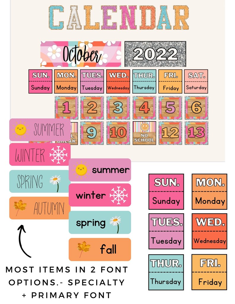 Groovy Glitter Classroom Calendar editable Features - Etsy