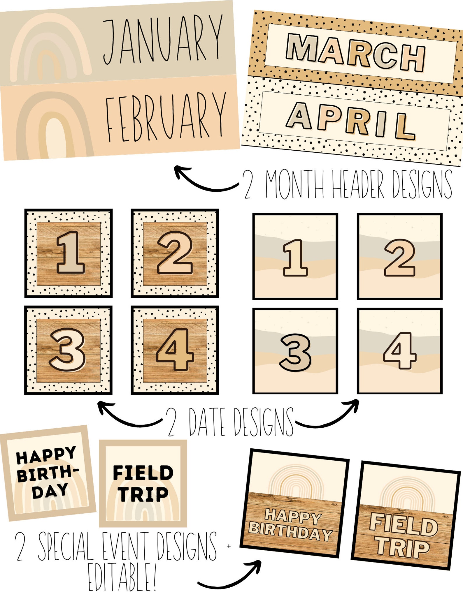 Neutral Boho Rainbow Classroom Calendar editable | Etsy