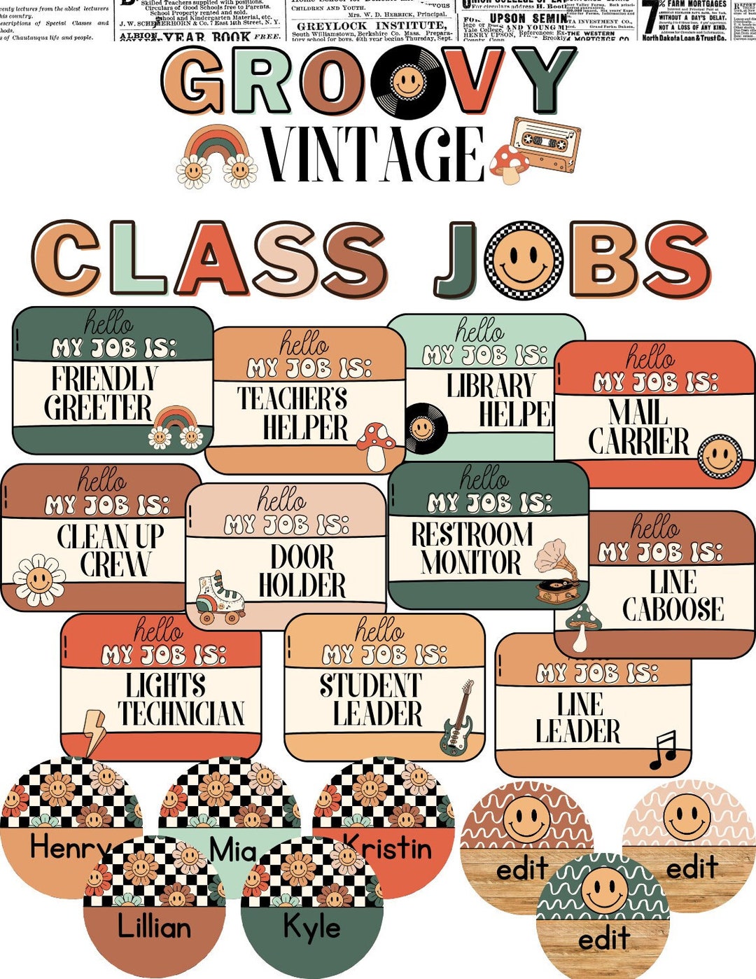 Groovy Vintage Class Jobs Display [editable] - Etsy