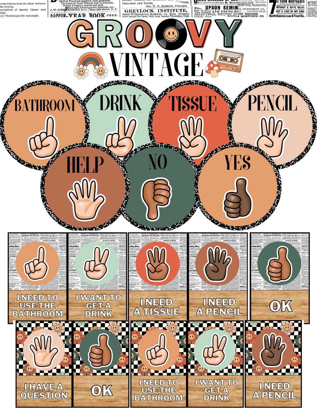 Groovy Vintage Hand Signals Classroom Posters [editable] - Etsy