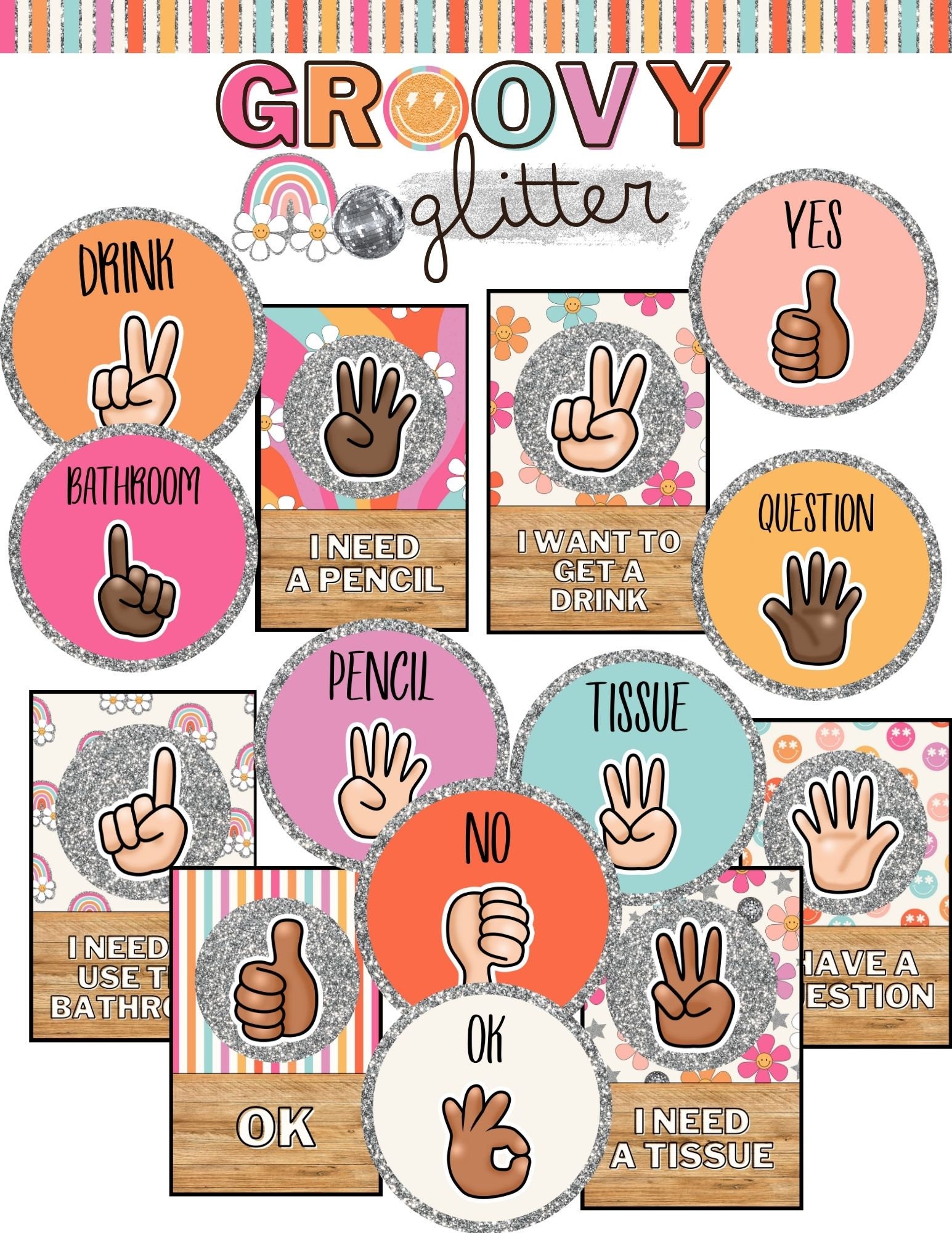 Groovy Glitter Hand Signals Classroom Posters [editable] - Etsy