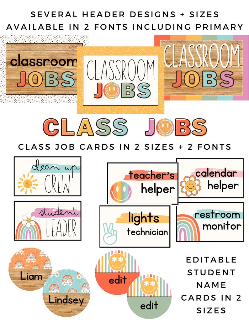 Retro Rainbow Class Jobs Display [editable] - Etsy