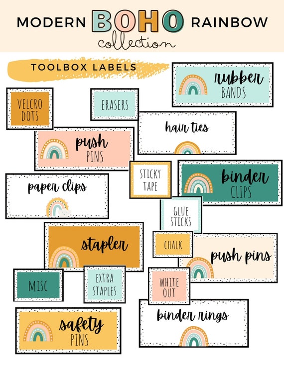 Modern Boho Rainbow Teacher Toolbox Labels editable - Etsy