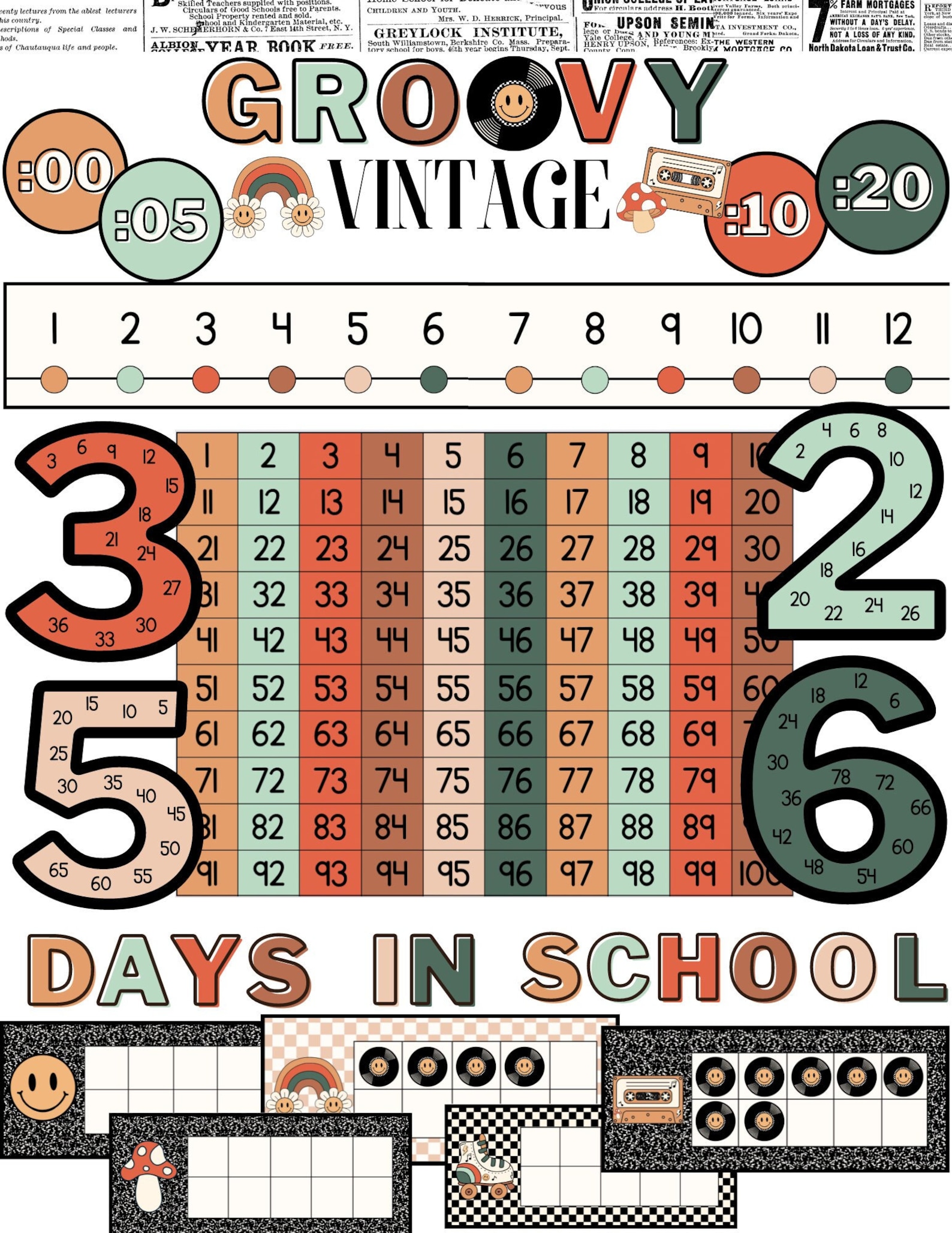 Groovy Vintage Math Classroom Displays [100/120 Chart, Ten Frames, Skip ...