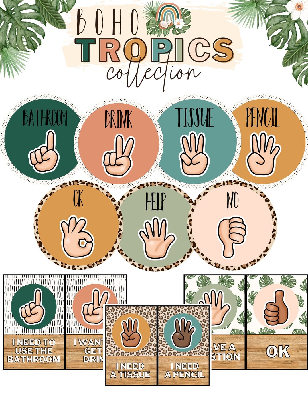 Boho Tropics Hand Signals Classroom Posters [editable] - Etsy
