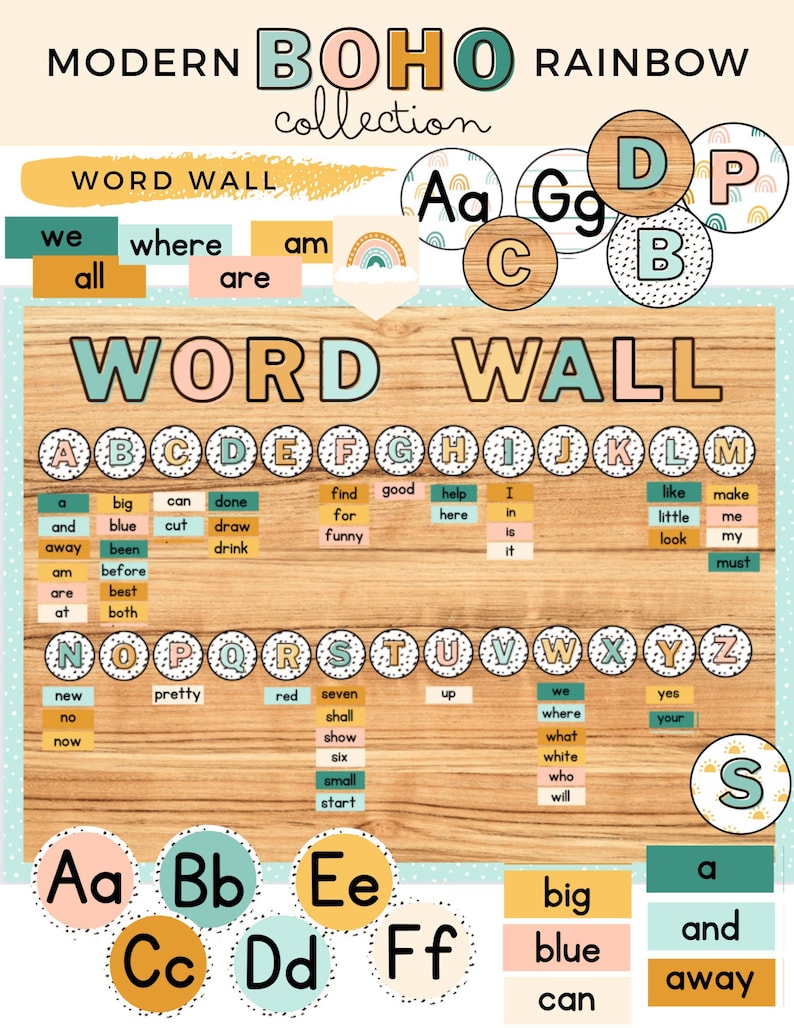 Modern Boho Rainbow Classroom Word Wall editable - Etsy