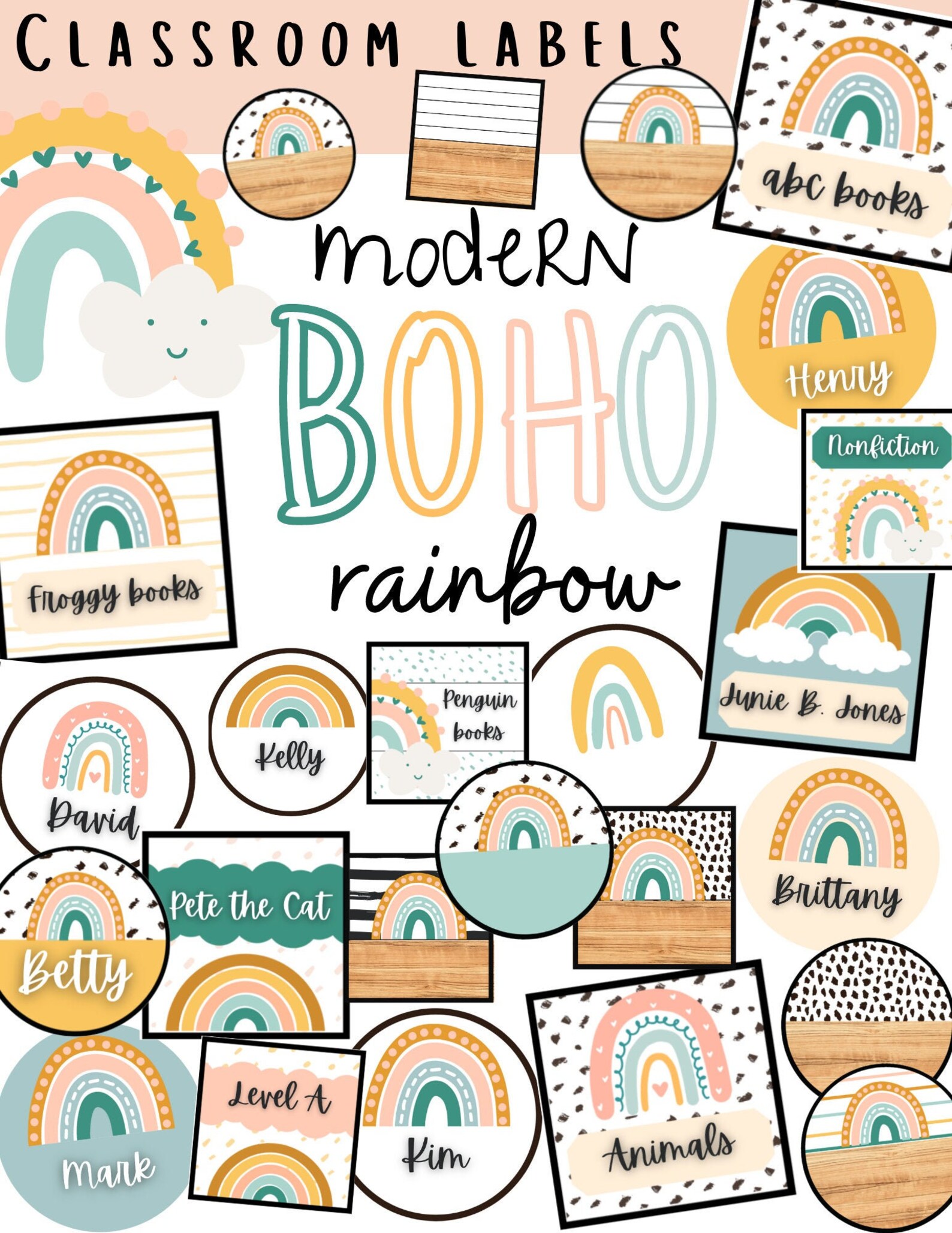 Modern Boho Rainbow Classroom Labels editable | Etsy