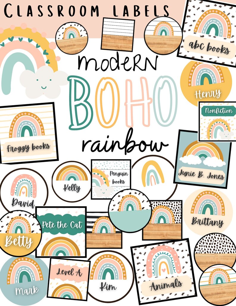 Modern Boho Rainbow Classroom Labels editable | Etsy