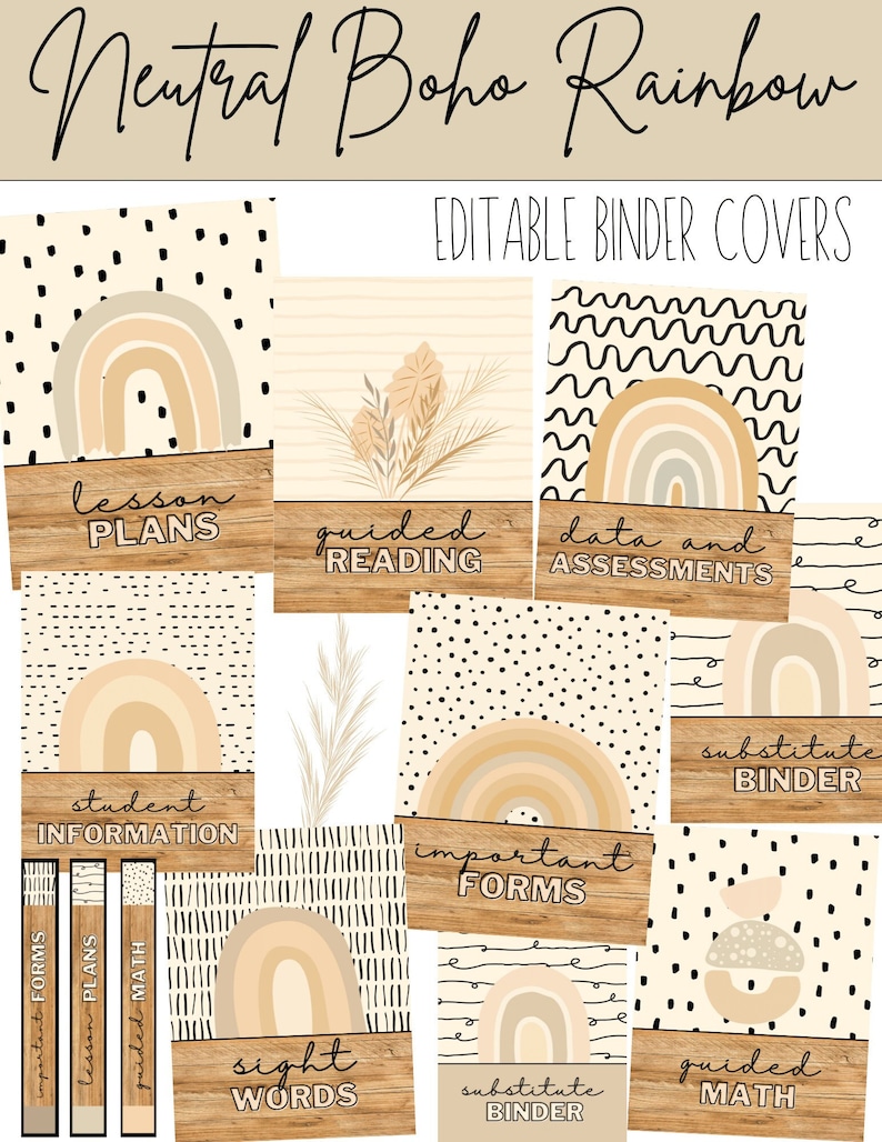 Neutral Boho Rainbow Binder Covers editable - Etsy