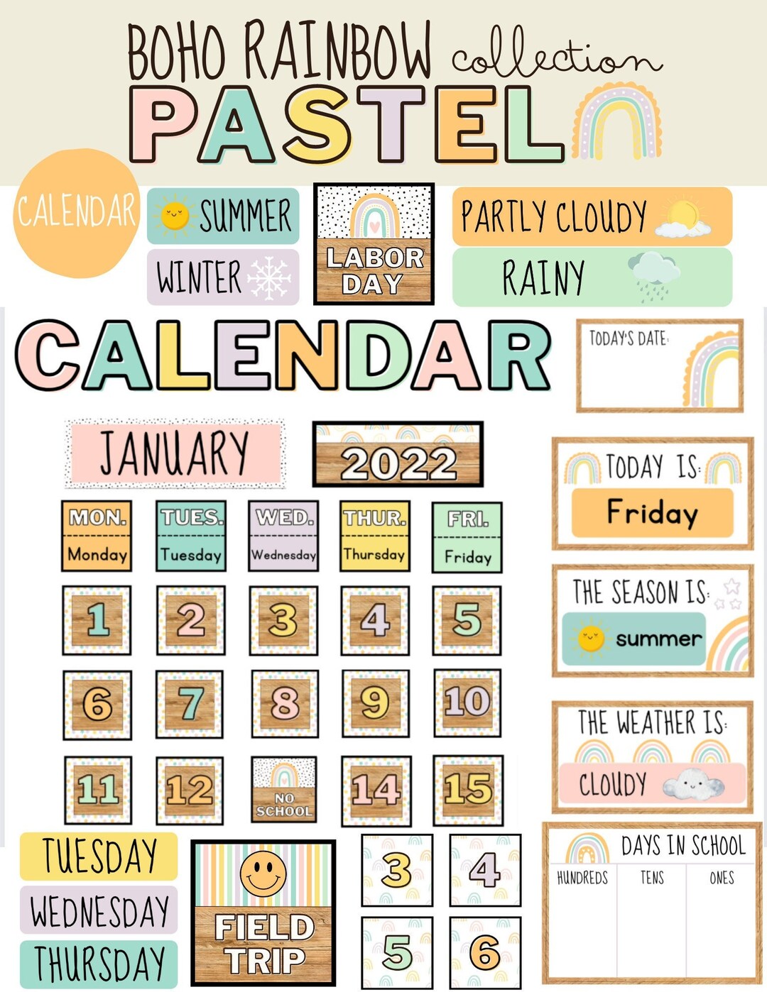 Pastel Boho Rainbow Classroom Calendar - Etsy