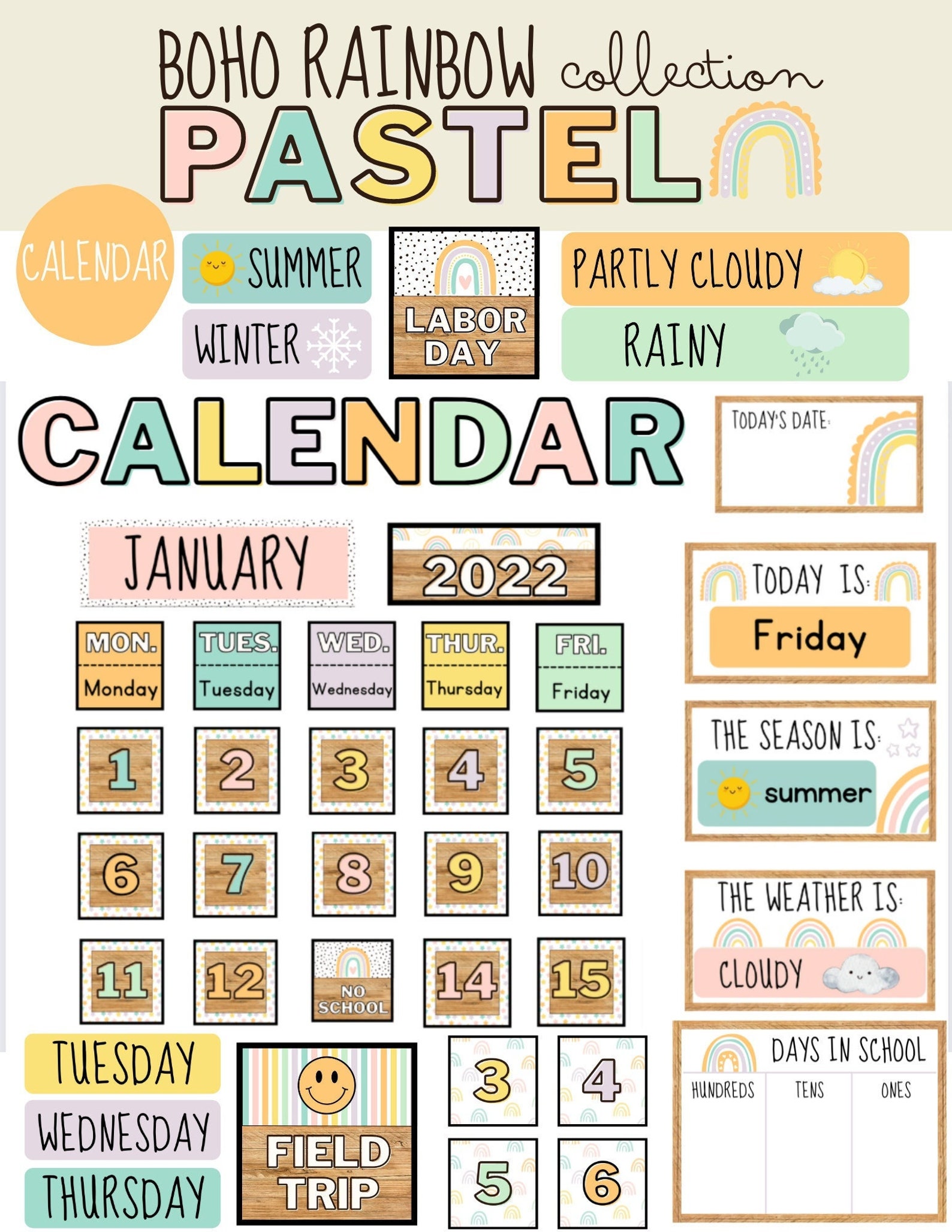 Pastel Boho Rainbow Classroom Calendar editable Features - Etsy