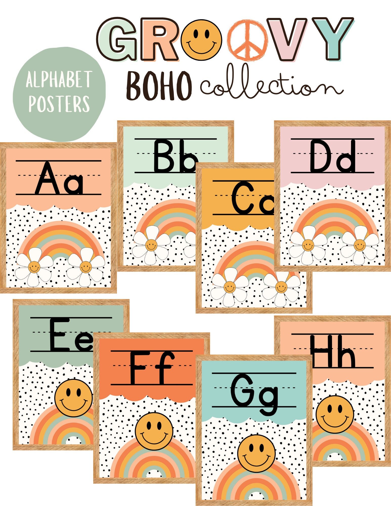 Groovy Boho Classroom Alphabet Posters, Happy Retro Classroom ABC Wall ...