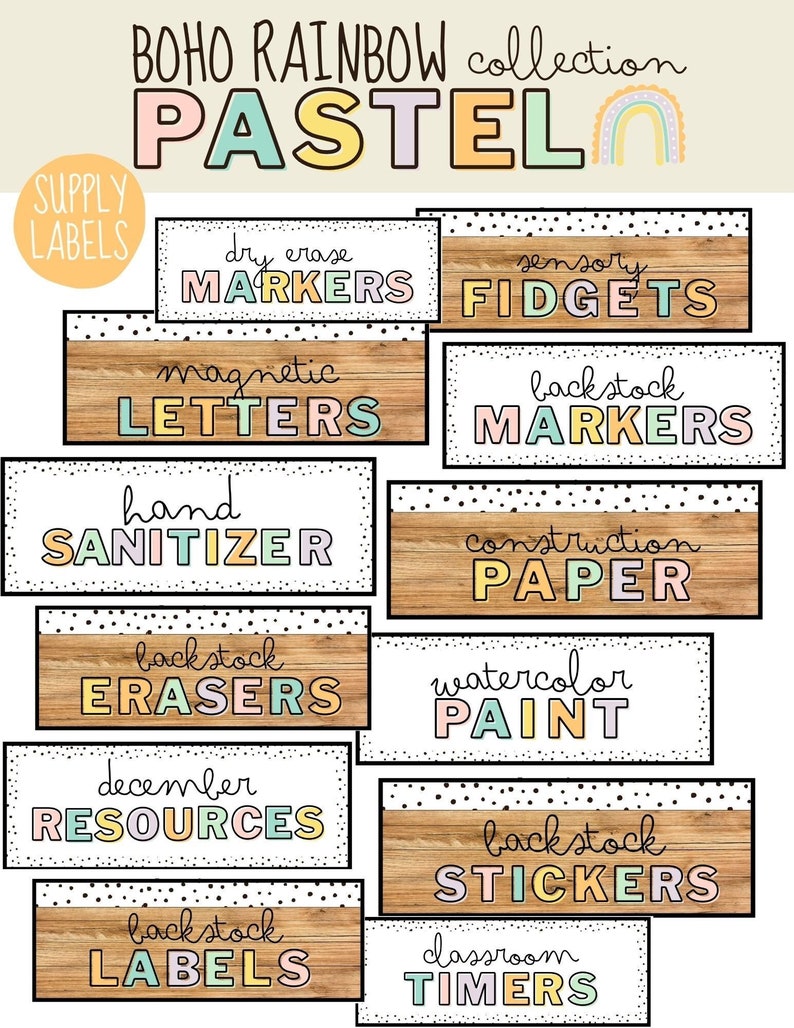 Pastel Boho Rainbow Classroom Supply Labels - Etsy