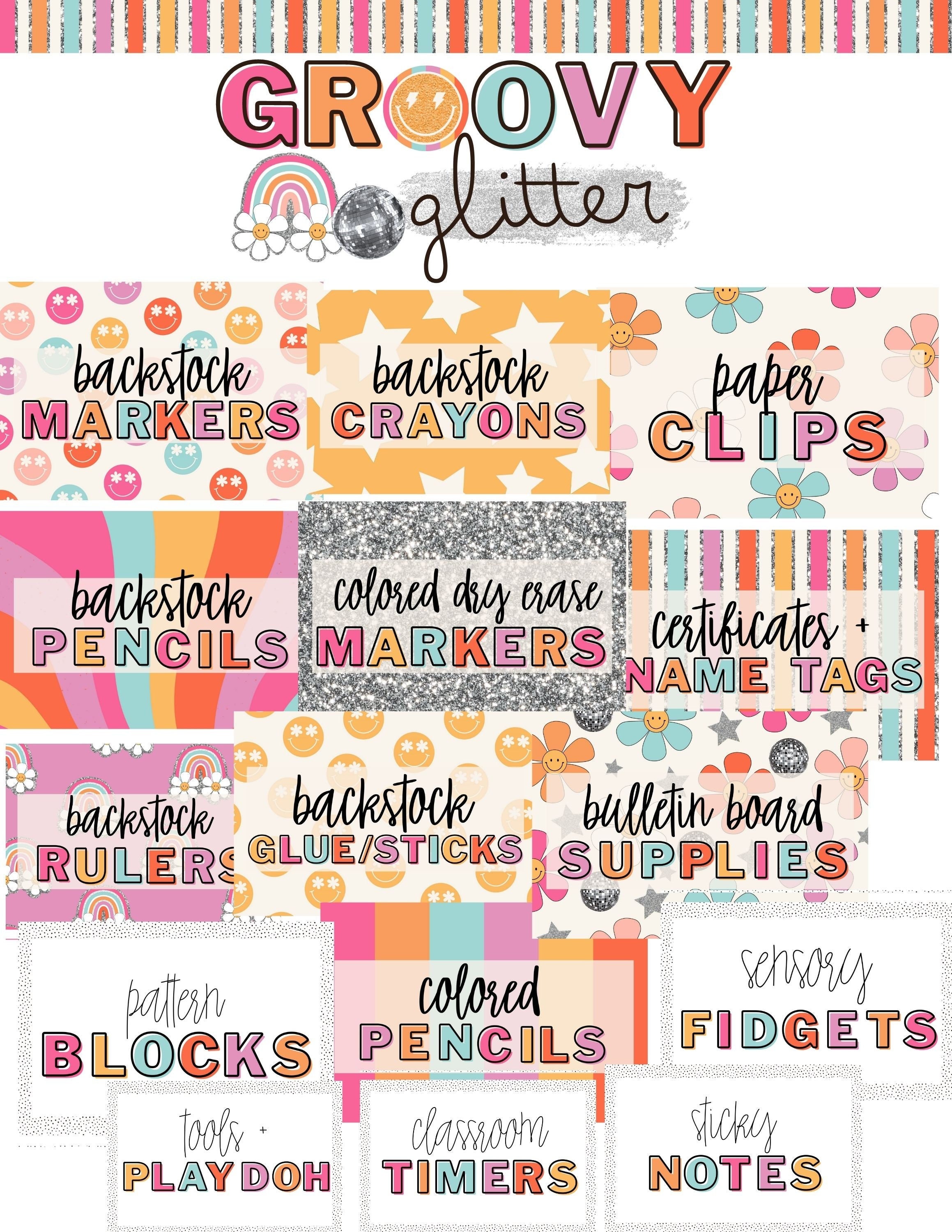 Groovy Glitter Classroom Supply Labels - Etsy