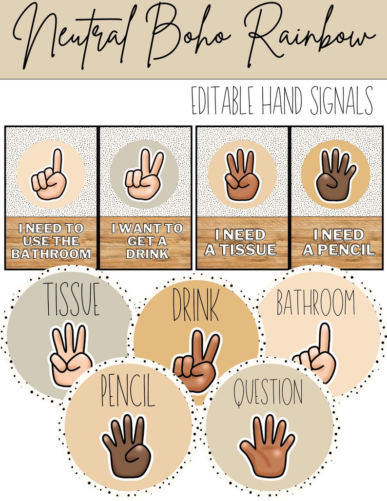 Neutral Boho Rainbow Hand Signals Classroom Posters editable - Etsy