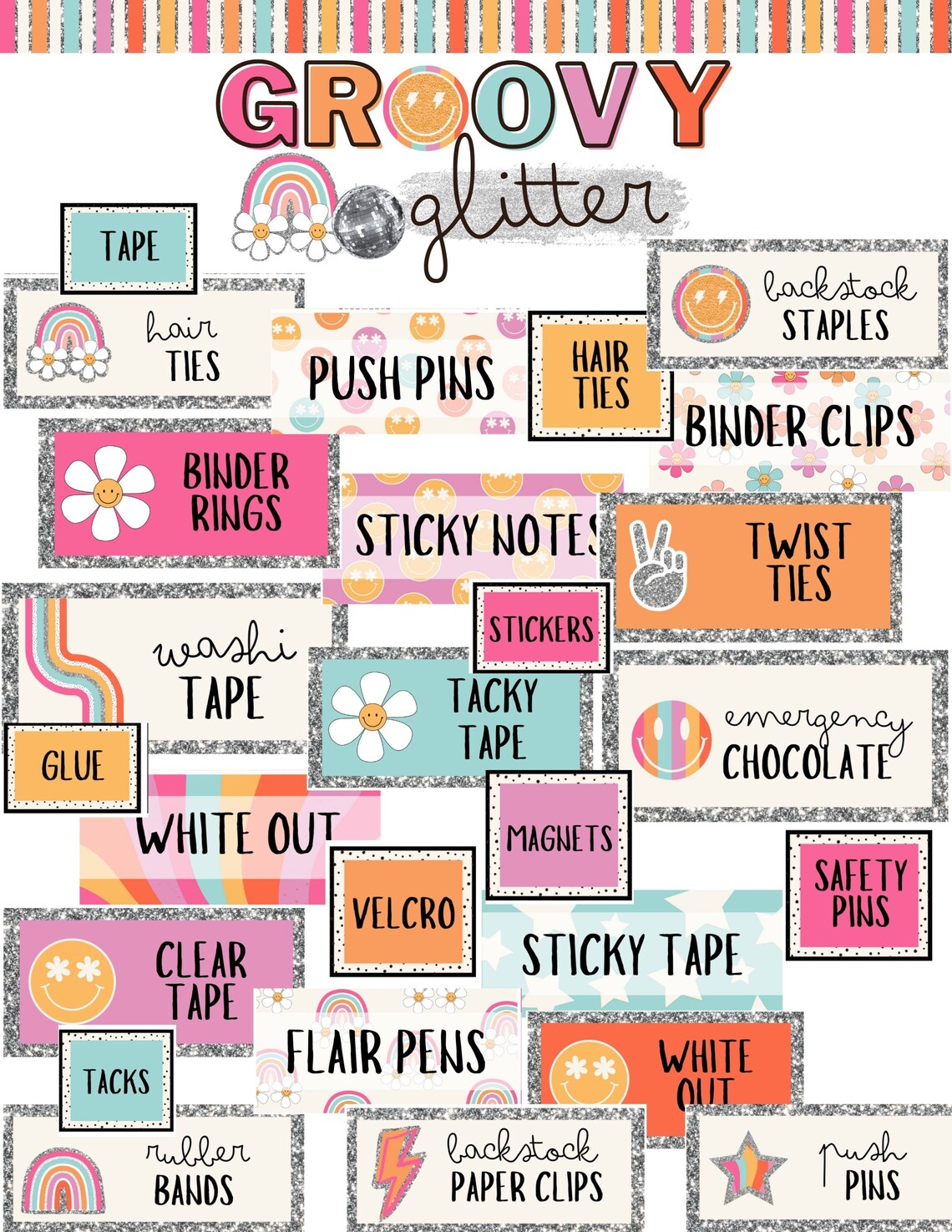 Groovy Glitter Teacher Toolbox Labels editable - Etsy