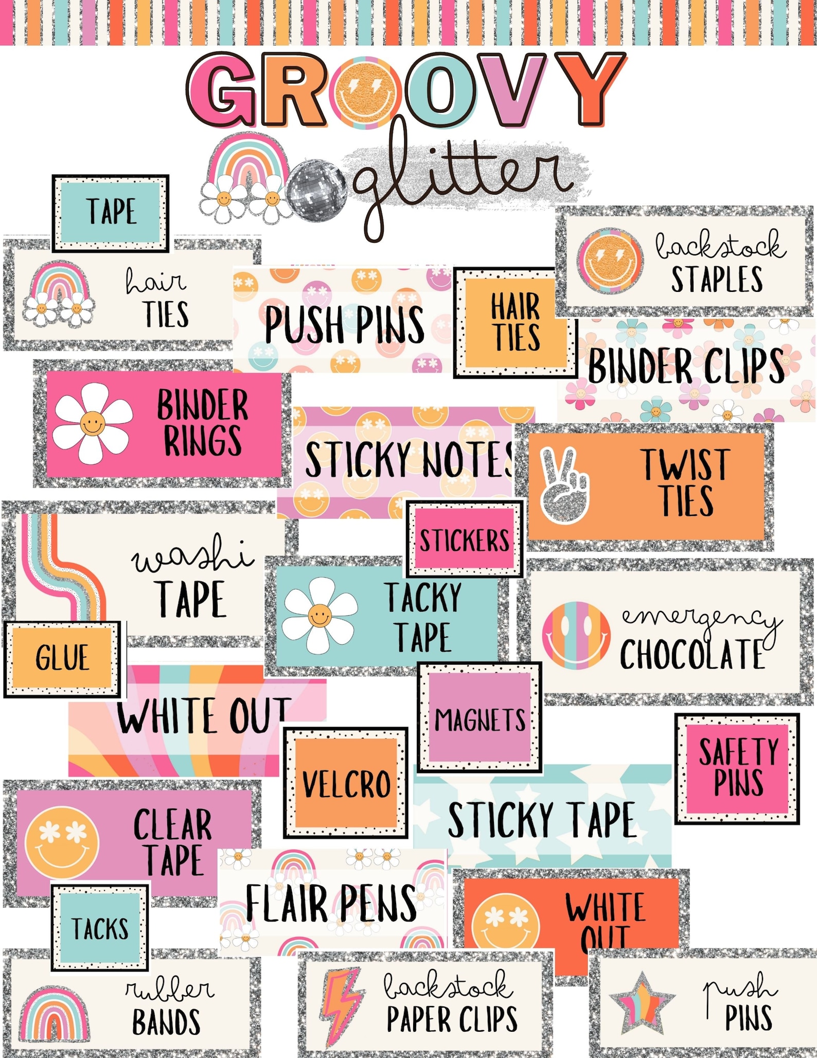 Groovy Glitter Teacher Toolbox Labels editable - Etsy