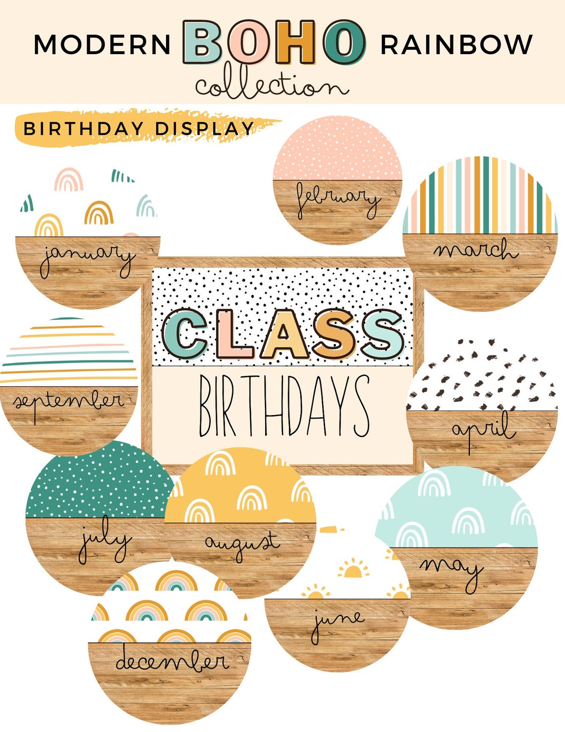 Modern Boho Rainbow Class Birthdays Display editable - Etsy