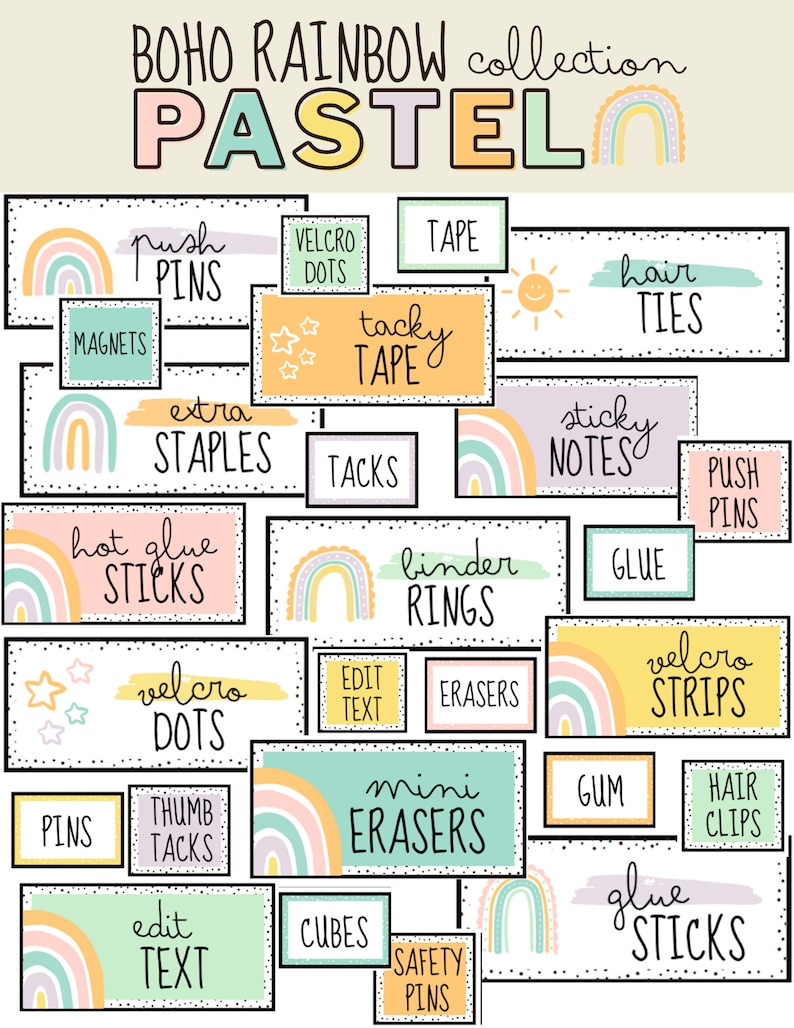 Pastel Boho Rainbow Teacher Toolbox Labels editable - Etsy