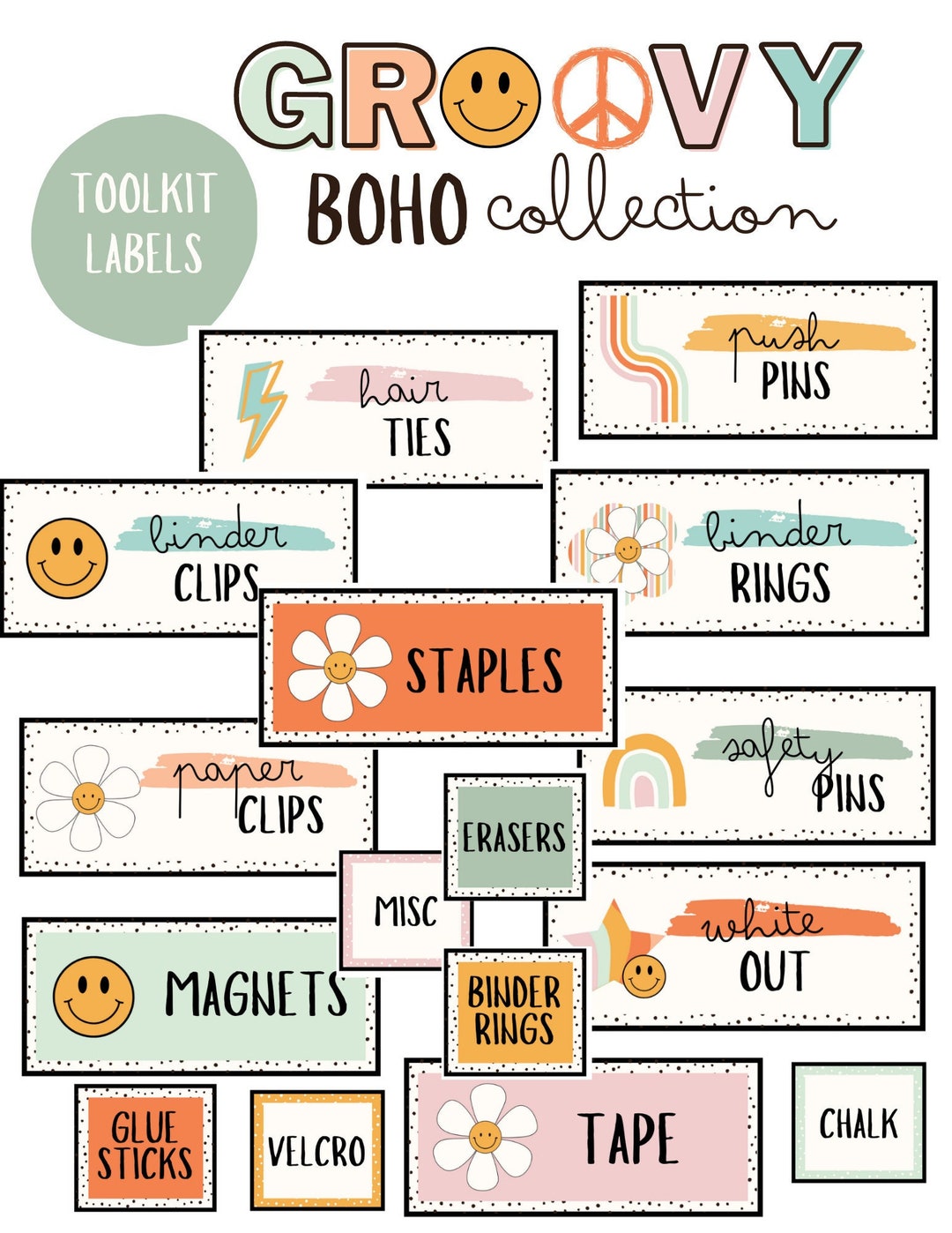 Groovy Boho Teacher Toolbox Labels [editable] - Etsy
