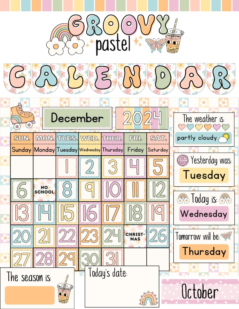 Groovy Pastel Classroom Calendar - Etsy