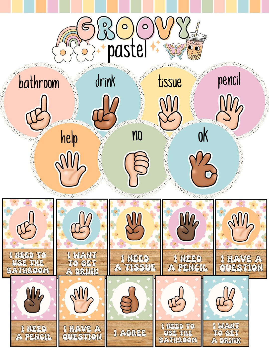 Groovy Pastel Hand Signals Classroom Posters [editable] - Etsy
