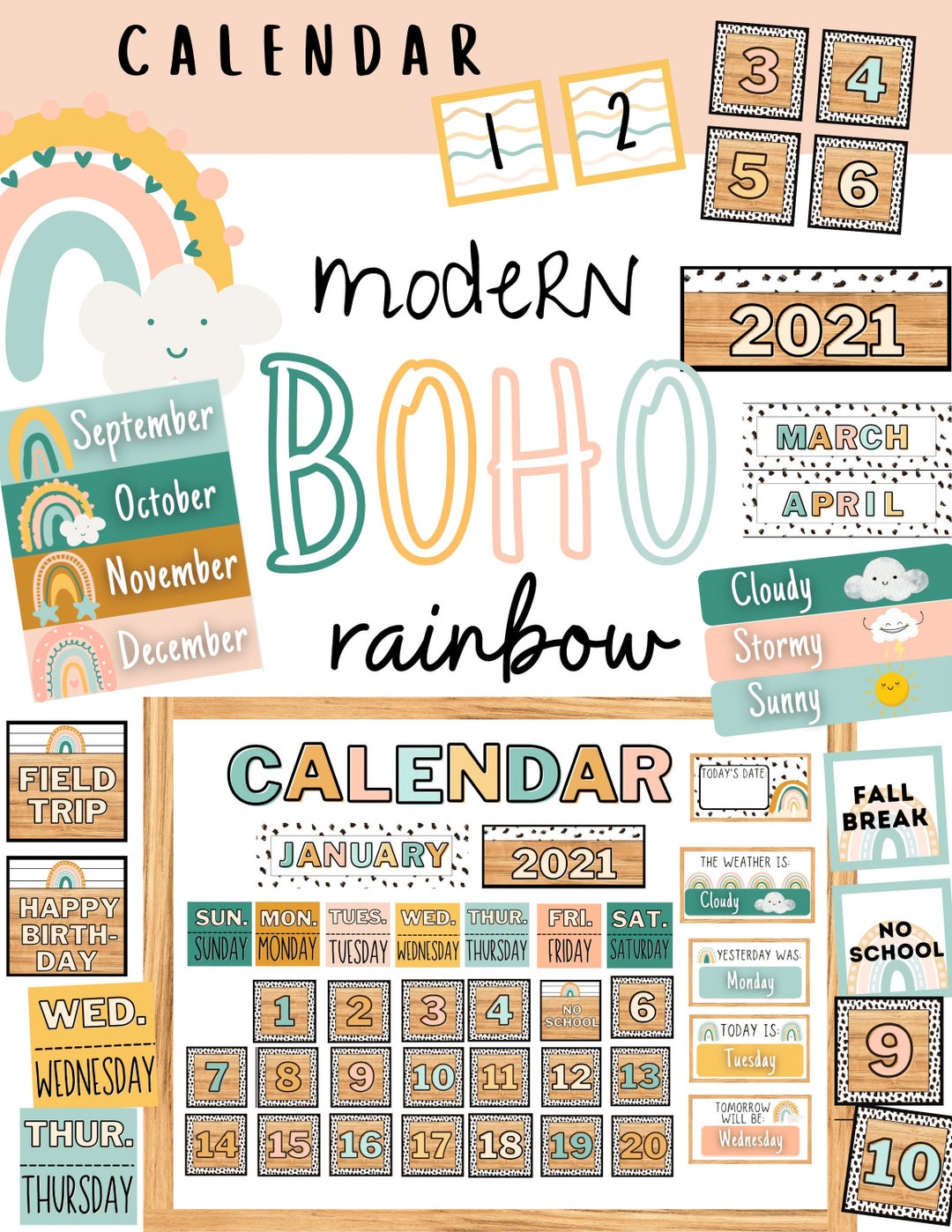 Modern Boho Rainbow Classroom Calendar - Etsy