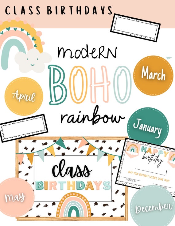 Modern Boho Rainbow Class Birthdays Display editable - Etsy