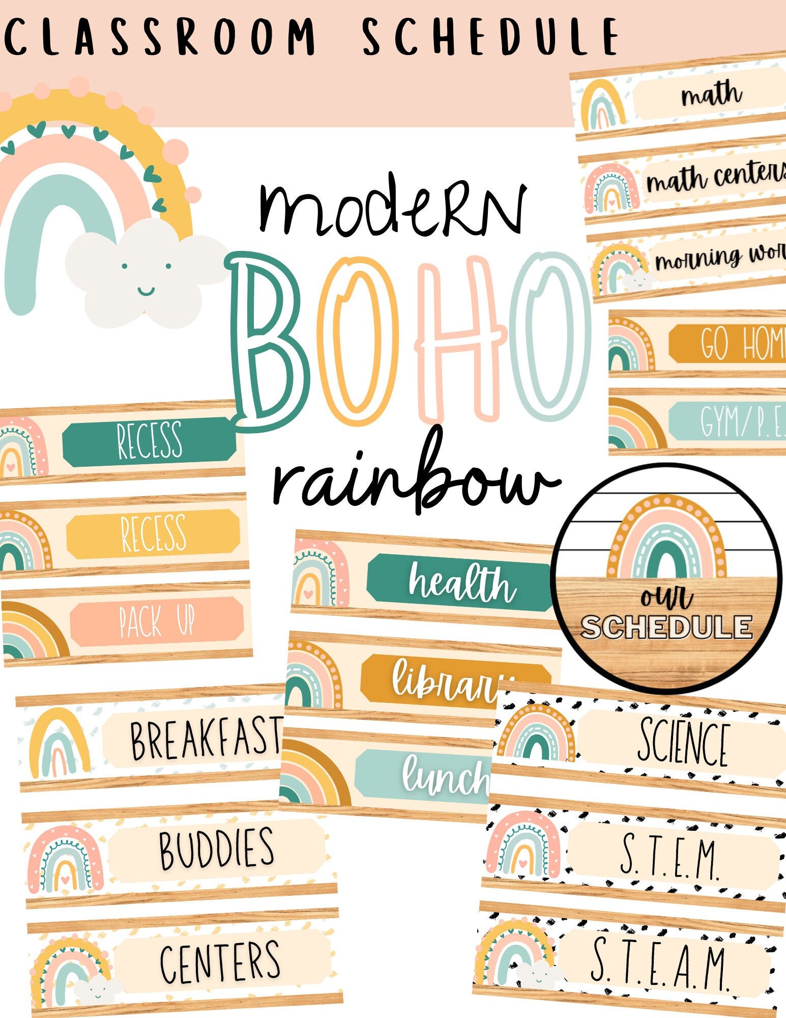 Modern Boho Rainbow Classroom Schedule editable | Etsy