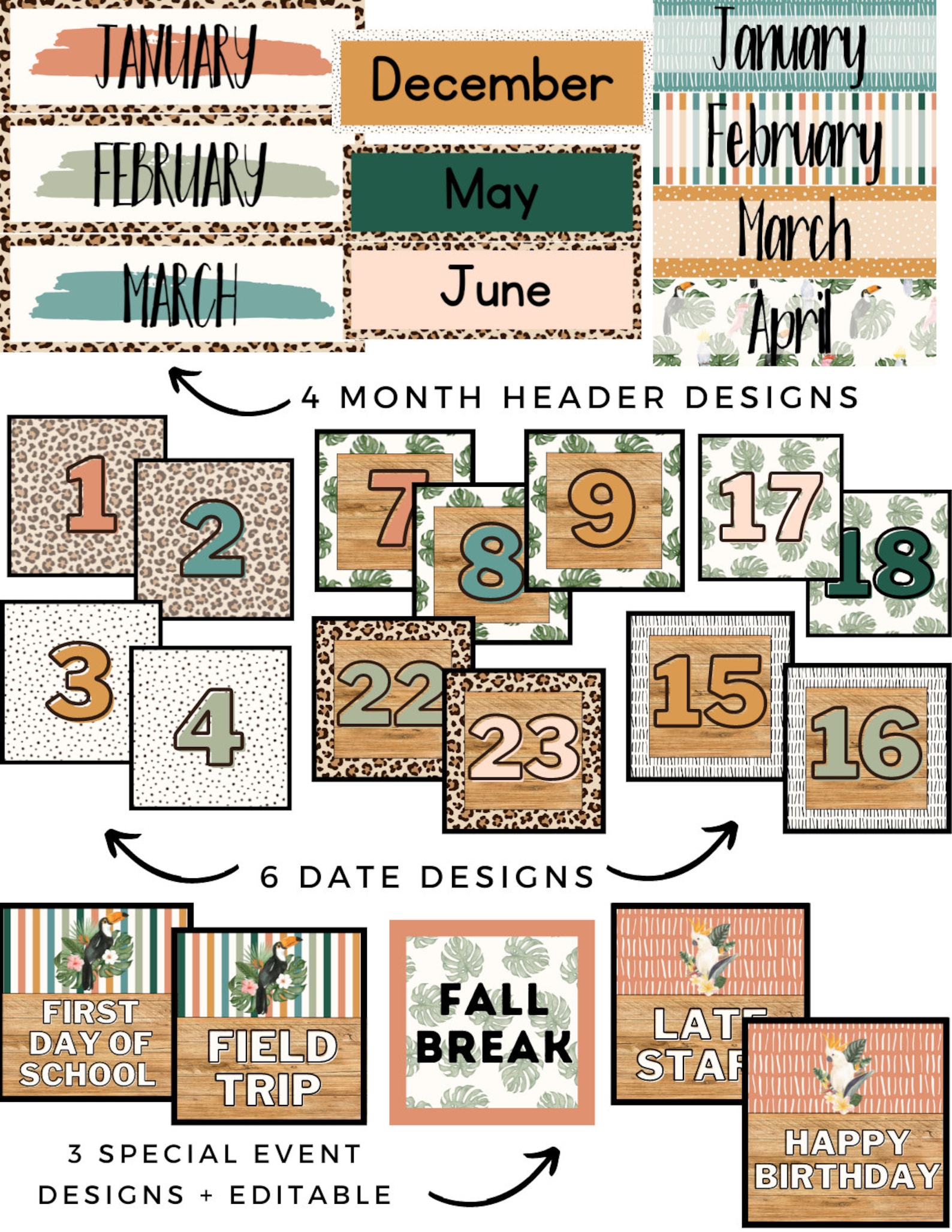 Boho TROPICS Classroom Calendar editable Features - Etsy