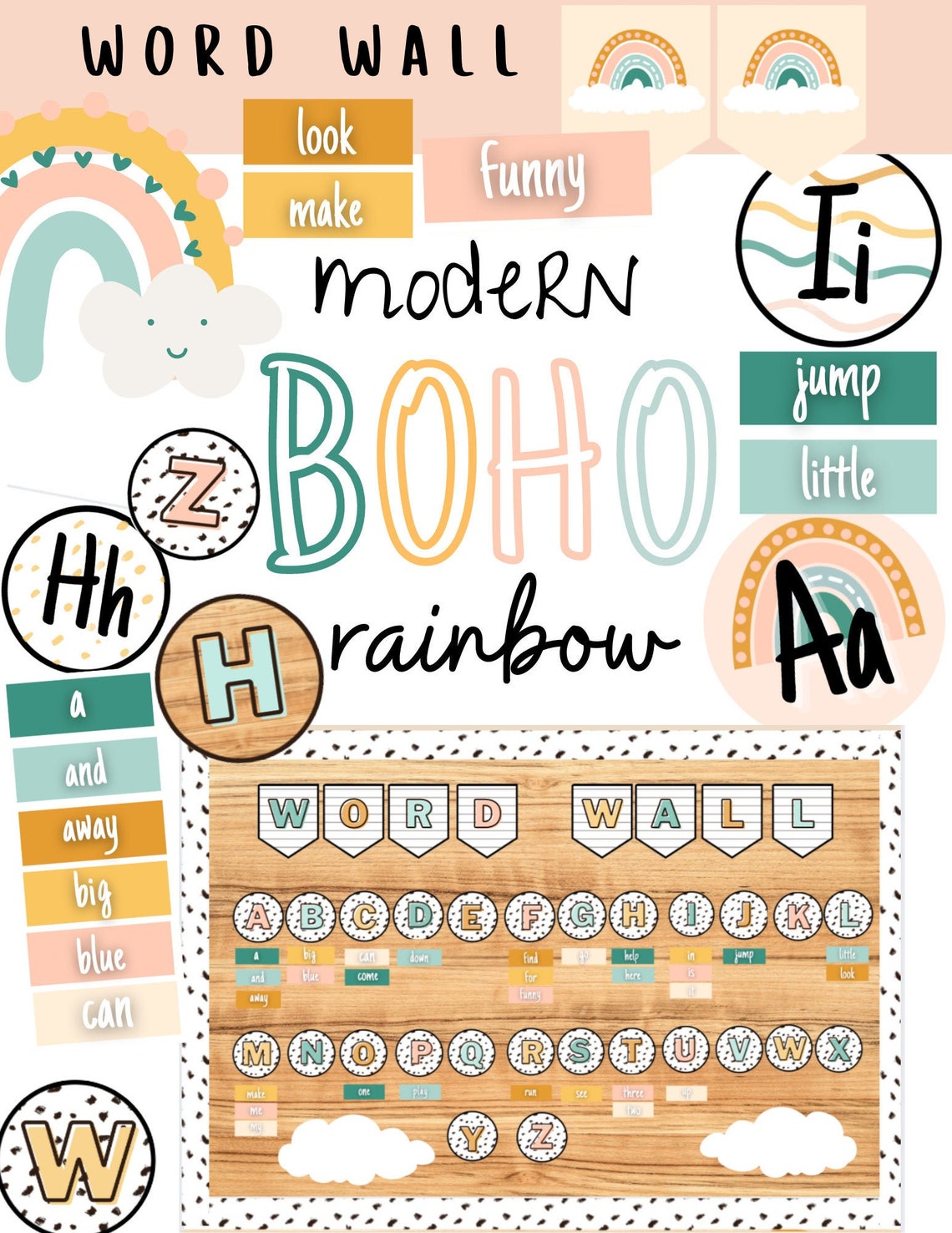 Modern Boho Rainbow Classroom Word Wall editable | Etsy