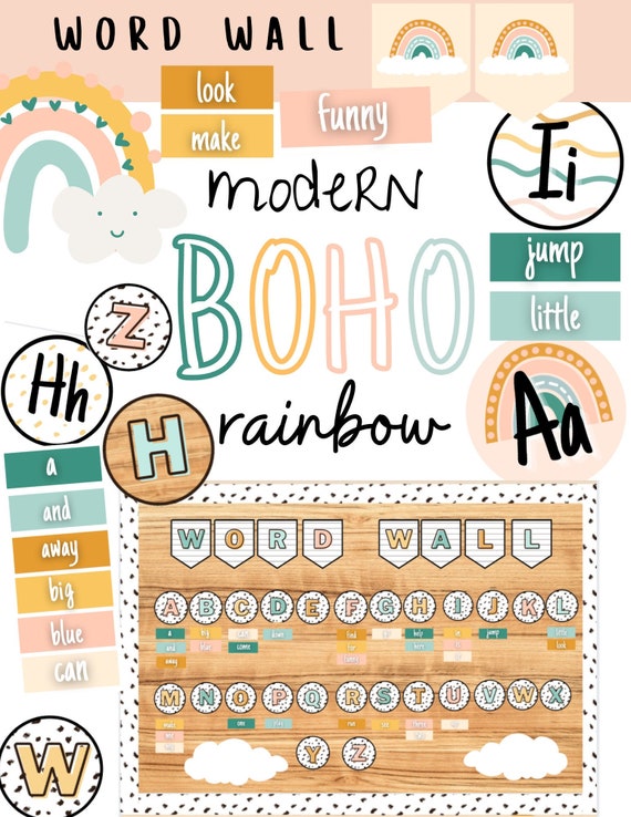 Modern Boho Rainbow Classroom Word Wall editable | Etsy