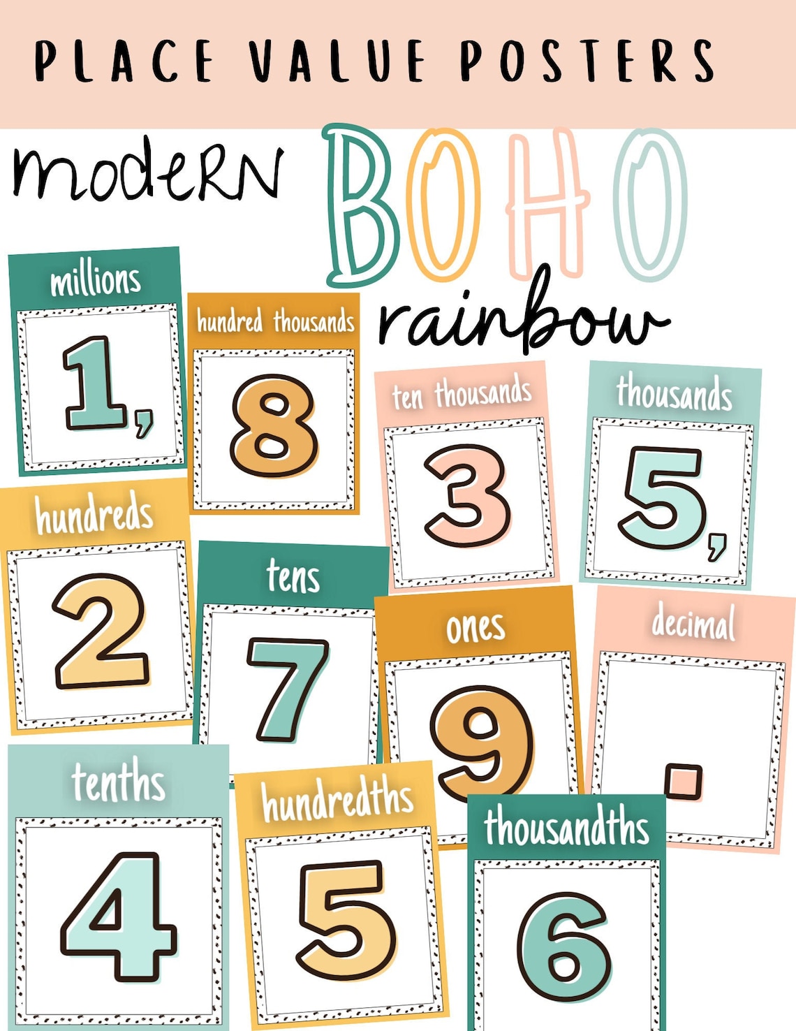 Modern Boho Rainbow Place Value Classroom Posters | Etsy