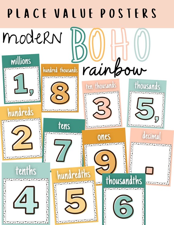 Modern Boho Rainbow Place Value Classroom Posters | Etsy