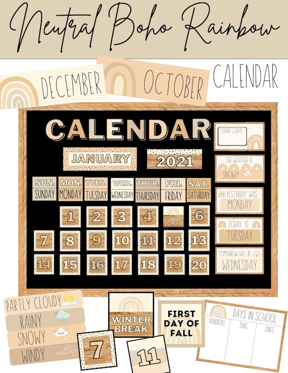 Neutral Boho Rainbow Classroom Calendar editable | Etsy