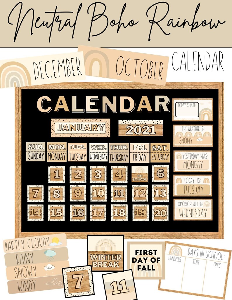 Neutral Boho Rainbow Classroom Calendar editable | Etsy