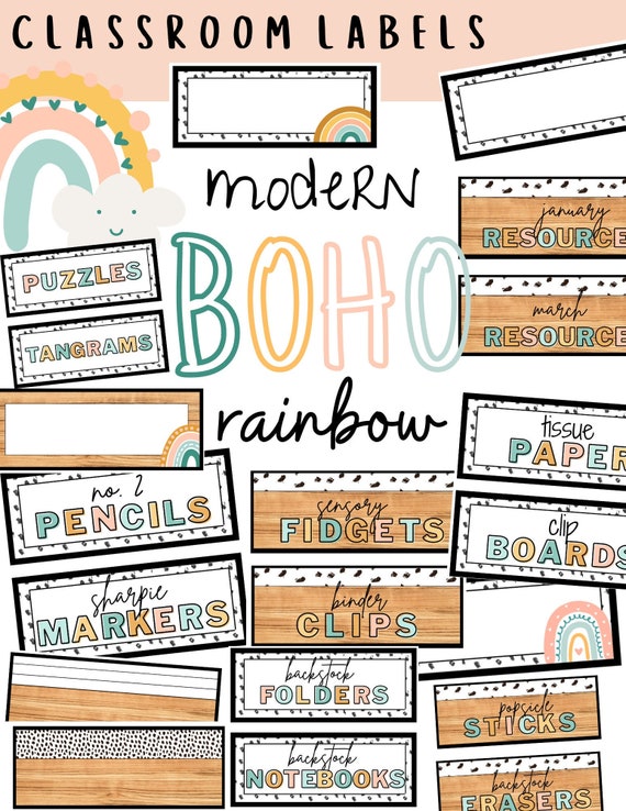 Modern Boho Rainbow Classroom Supplies Labels editable - Etsy