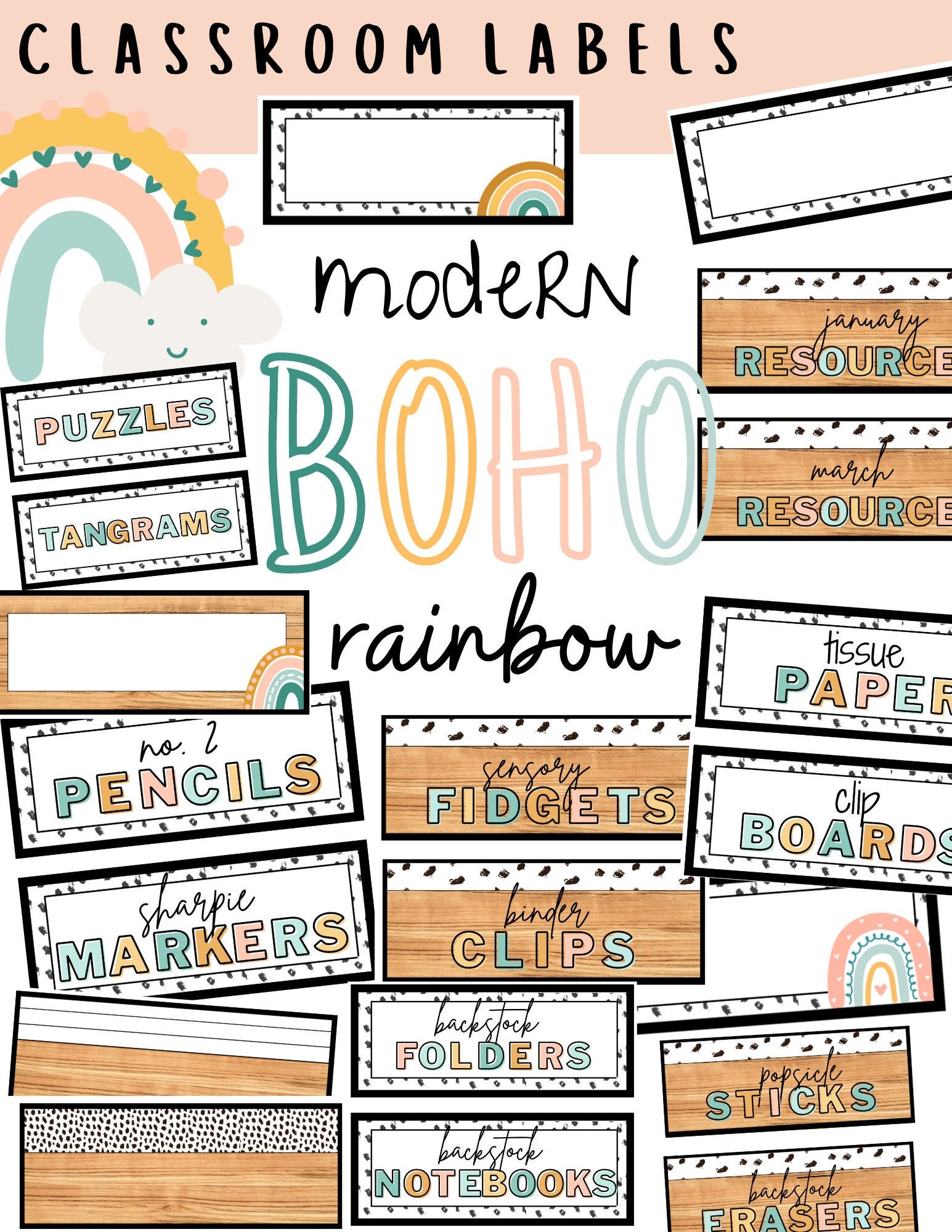 Modern Boho Rainbow Classroom Supplies Labels editable - Etsy UK