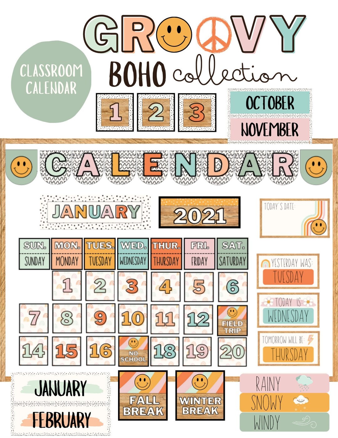 Groovy Boho Classroom Calendar - Etsy
