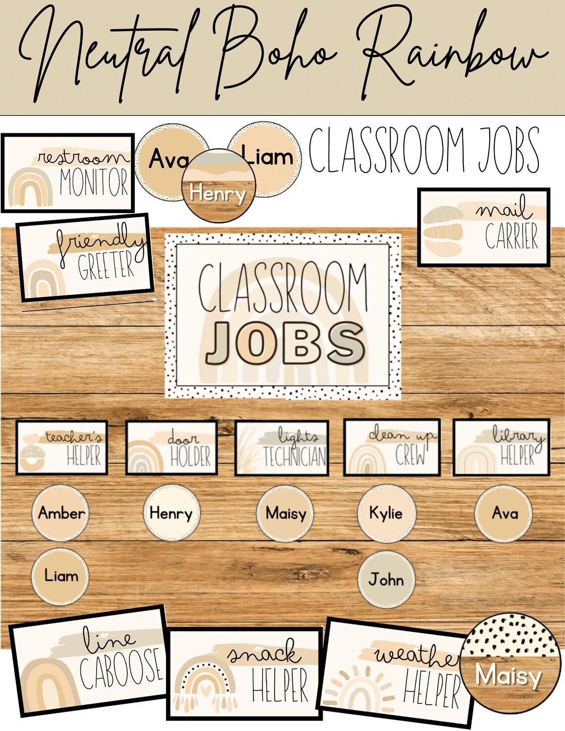 Neutral Boho Rainbow Classroom Jobs Display editable - Etsy